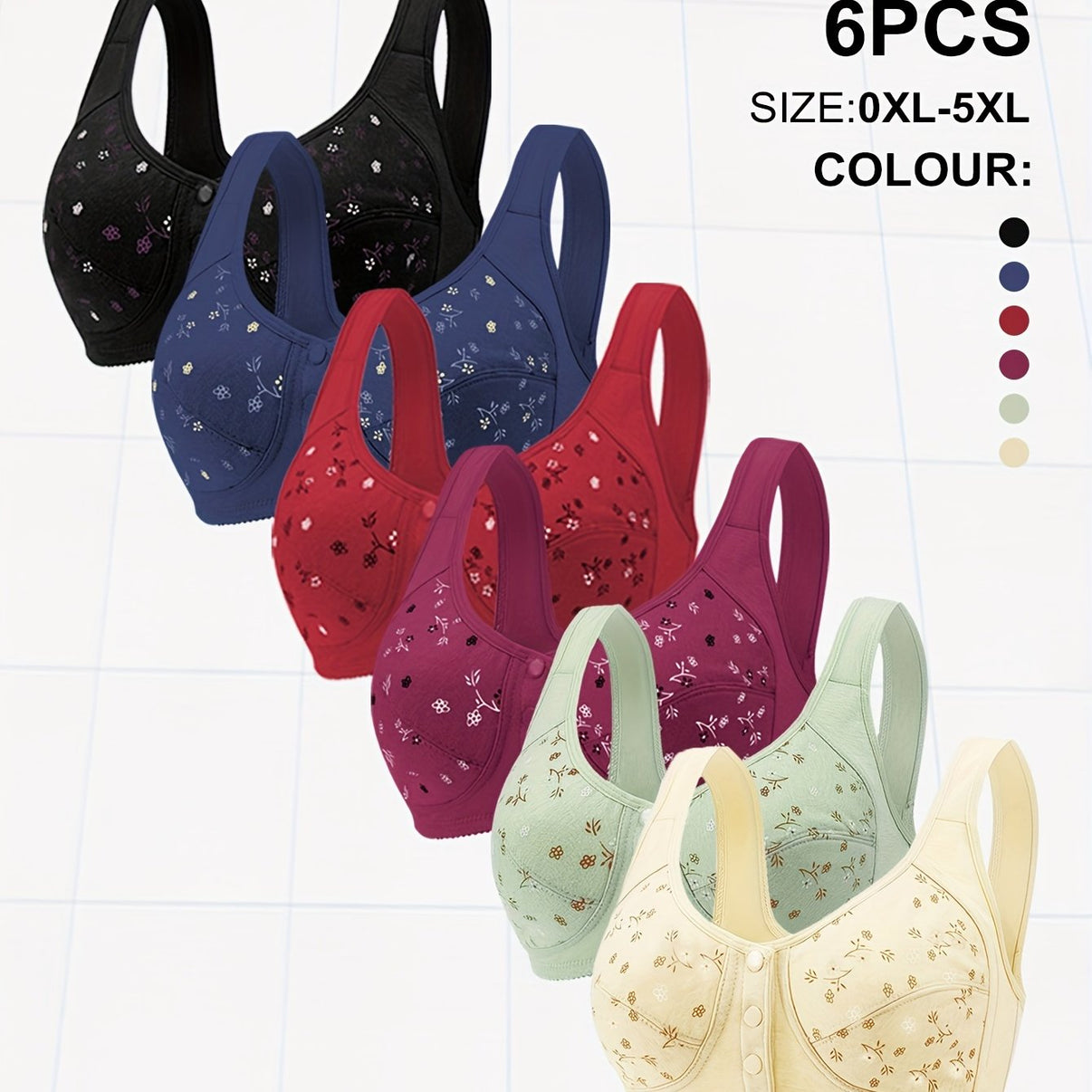 6pcs Women's Floral Print Front Closure Bralettes - Soft, Wireless Com ...